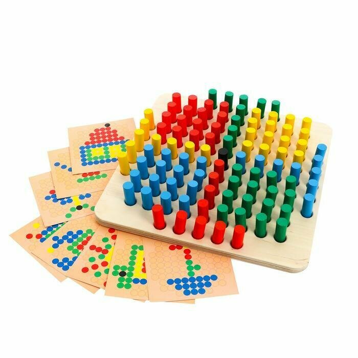 Развивающая деревянная мозаика для малышей "Весёлые столбики", игровой набор с карточками, деревянные столбики + поле