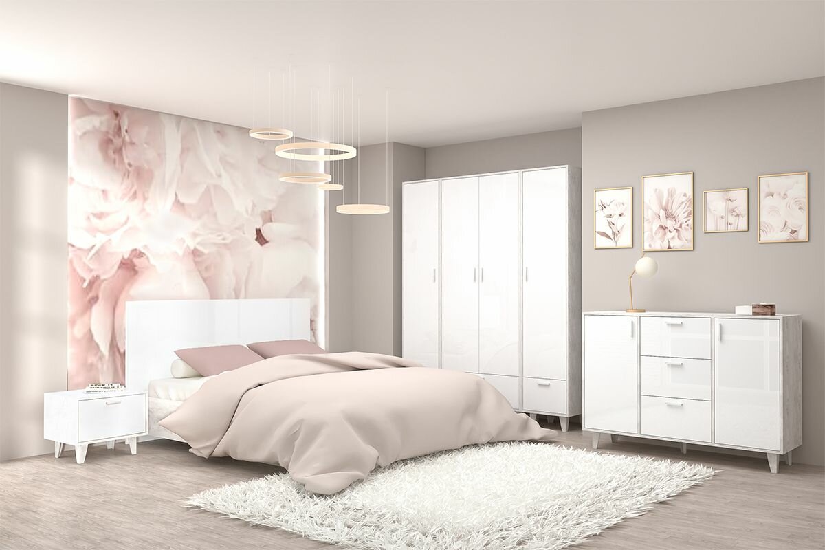 Комплект мебели для спальни "Эго" МС (НГ) (композиция №6) Бетон Светлый/Белый Глянец