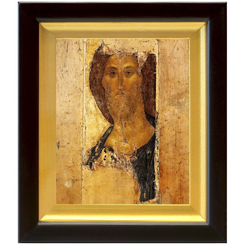 Спас Вседержитель, Андрей Рублев, 1410 г, икона в темном деревянном киоте 14,5*16,5 см