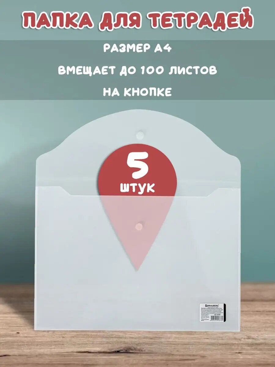 Папка-конверт Brauberg, для документов, прозрачная, формат А4, вмещает до 100 листов, 5 штук