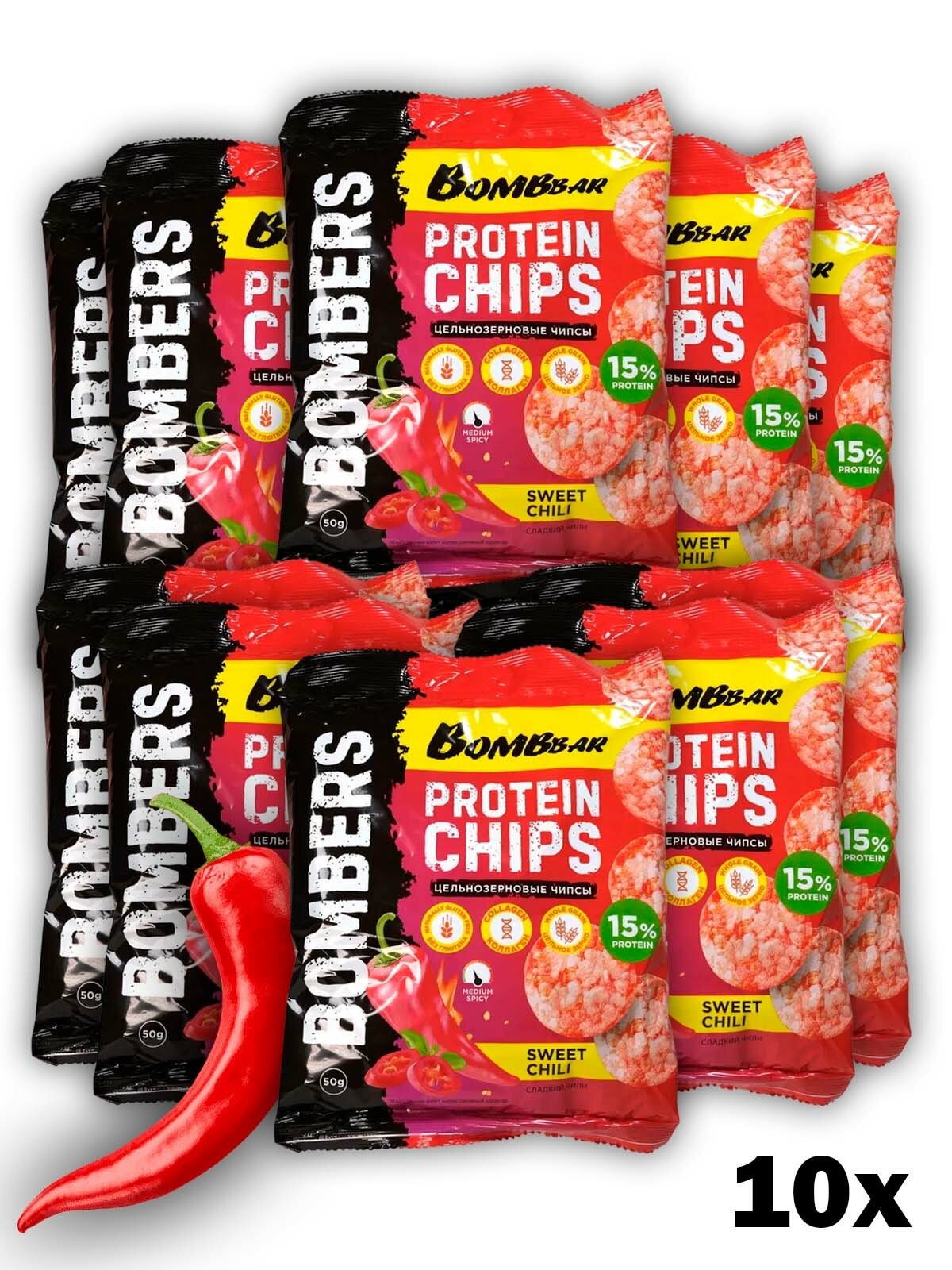 Чипсы BombBar Protein Chips 10 x 50 г, Сладкий чили