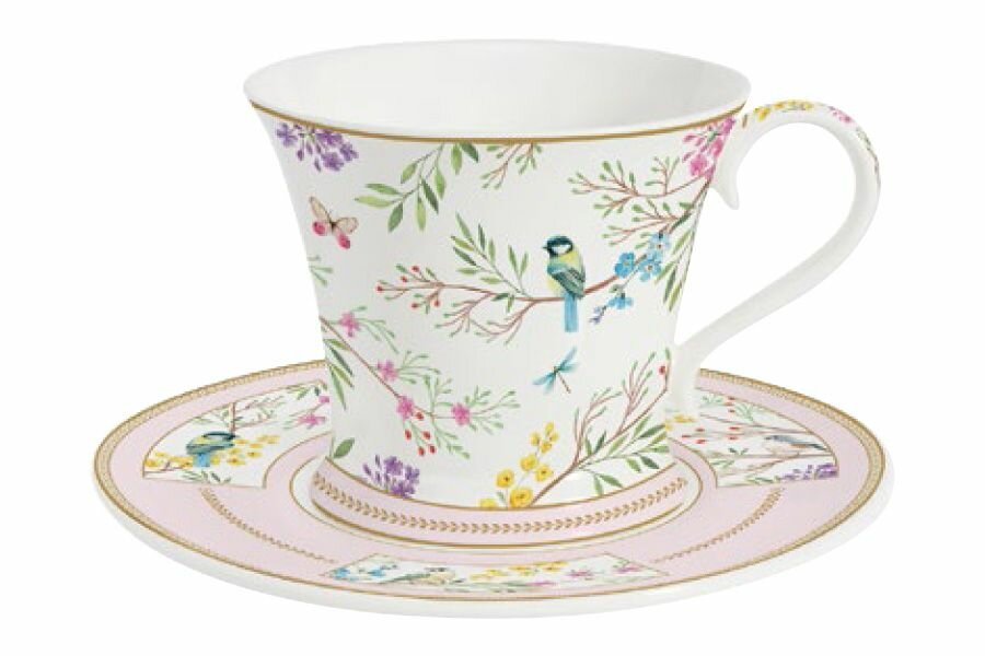Чайная пара Easy Life Пение птиц, набор для чаепития на 1 персону: чашка 350 мл, блюдце из фарфора, для чая и кофе, подарочная