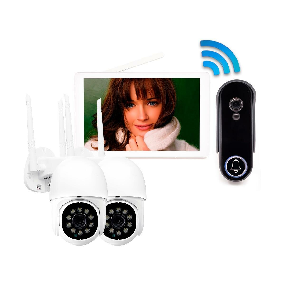 Беспроводной переносной HD видеодомофон TUYA-WiFi + ДВЕ уличные 5mp Wi-Fi IP камеры видеонаблюдения Sky Net 1100-Tuya (1+2)-SDcard (N52975KO) и бесп