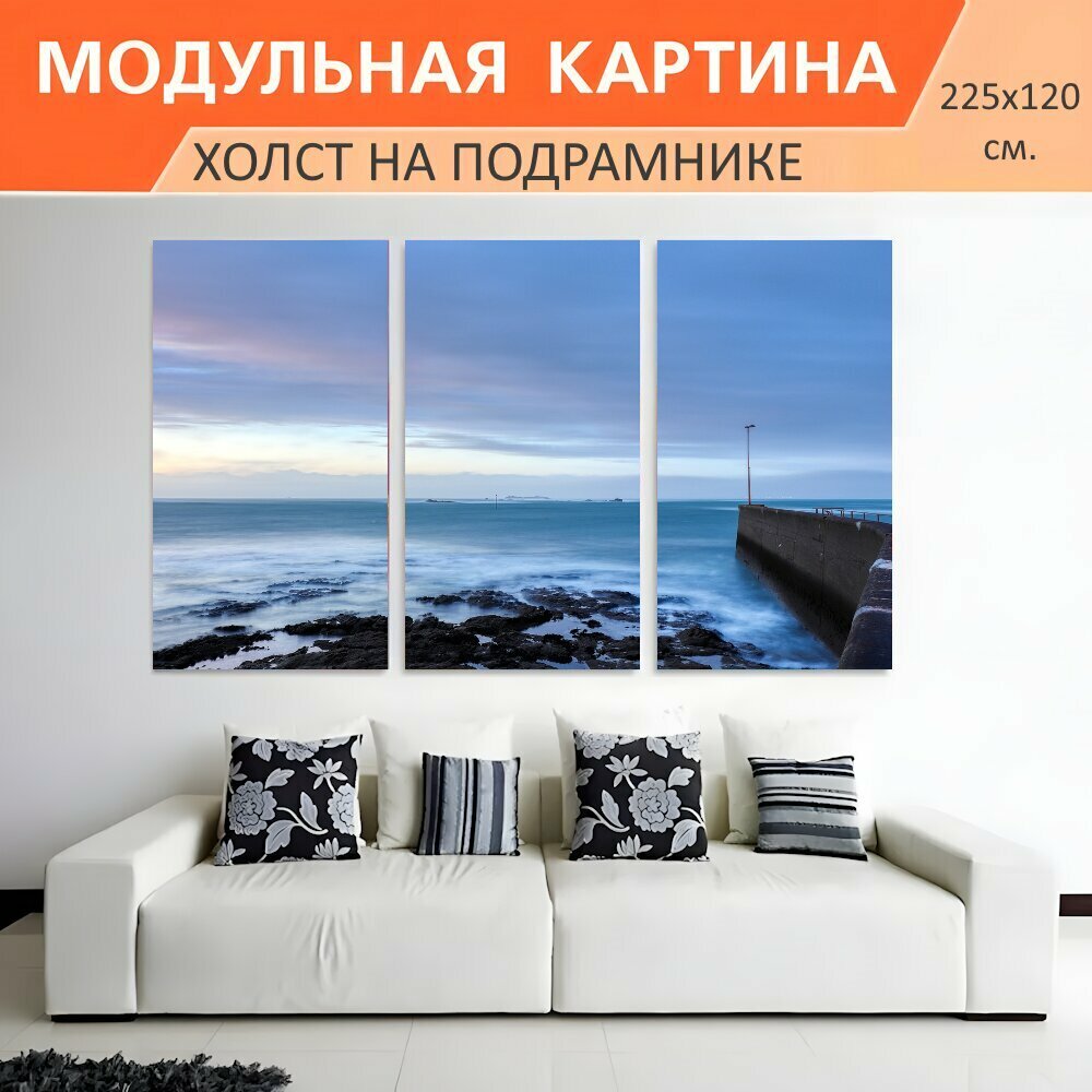 Модульная картина на холсте "Океан, море стены, горизонт" триптих на подрамнике 225х120 см. для интерьера