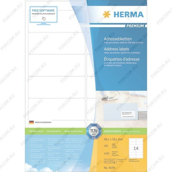 HERMA 4678 (круглые углы) Этикетки самоклеющиеся Бумажные А4, 99.1 x 38.1, цвет: Белый, клей: перманентный, для печати на: струйных и лазерных аппаратах, в пачке: 100 листов/1400 этикеток