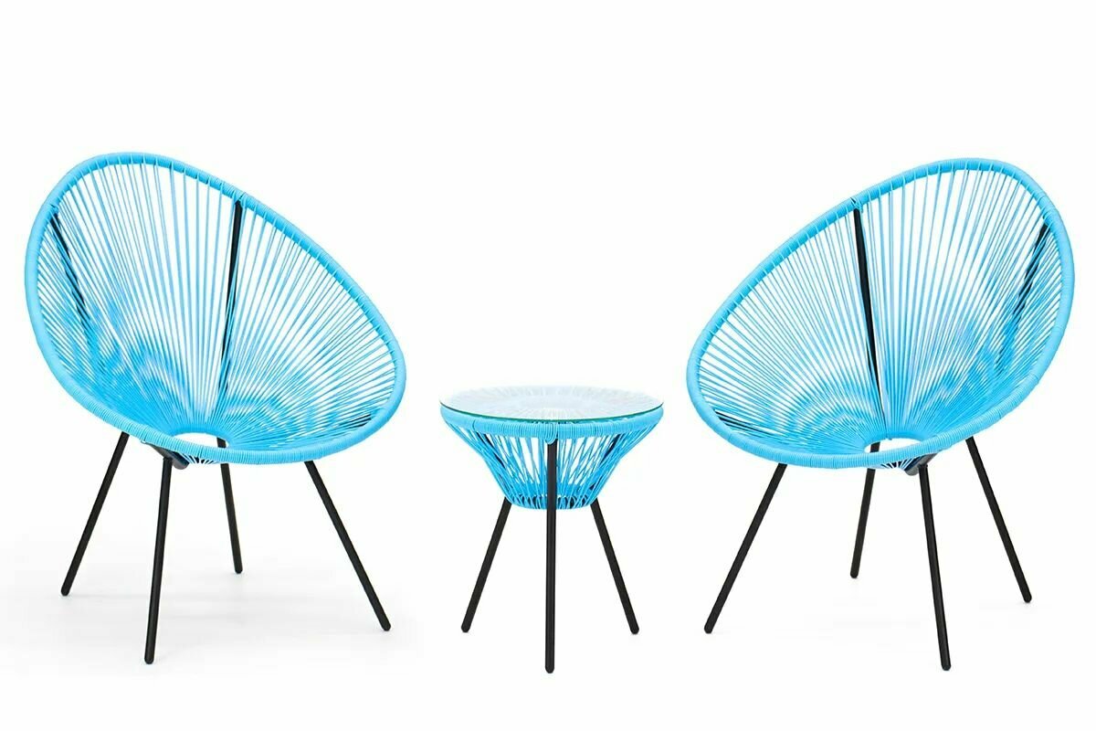 Комплект плетеной мебели KORNERA "Акапулько" на 2 персоны, каркас черный, искусственный ротанг голубой