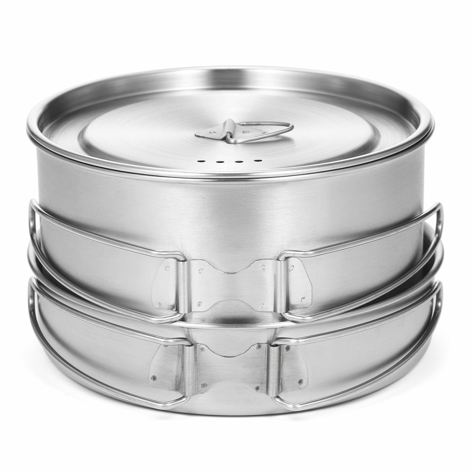 Набор посуды для кемпинга, состоящий из 2 предметов, набор кастрюль из нержавеющей стали со складными ручками, включает сетчатую сумку для переноски для походов на открытом воздухе