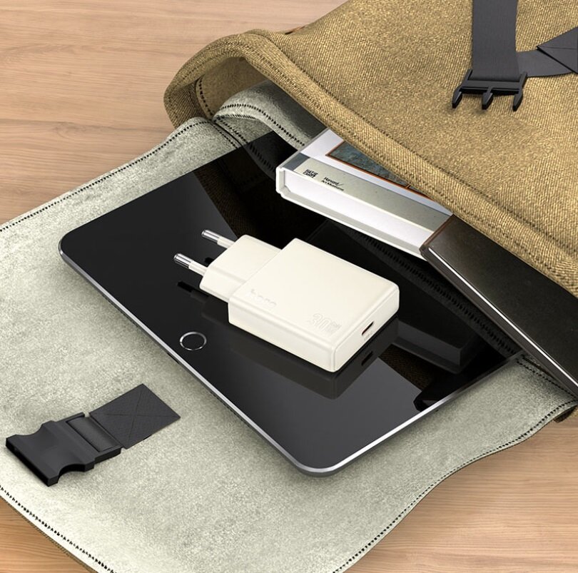 Сетевое зарядное устройство для iPhone 15-17, Hoco N44 Biscuit Single Port 1C, PD30W, PPS, Цвет Moonlight white