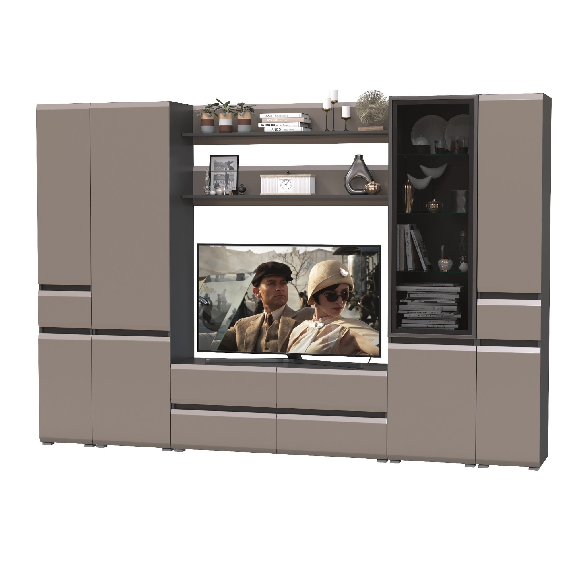 Модульная мебель для гостиной Моби Сидней № 66, цвет антрацит/МДФ веллюто капучино, 299,9х41,3х205,2 см.