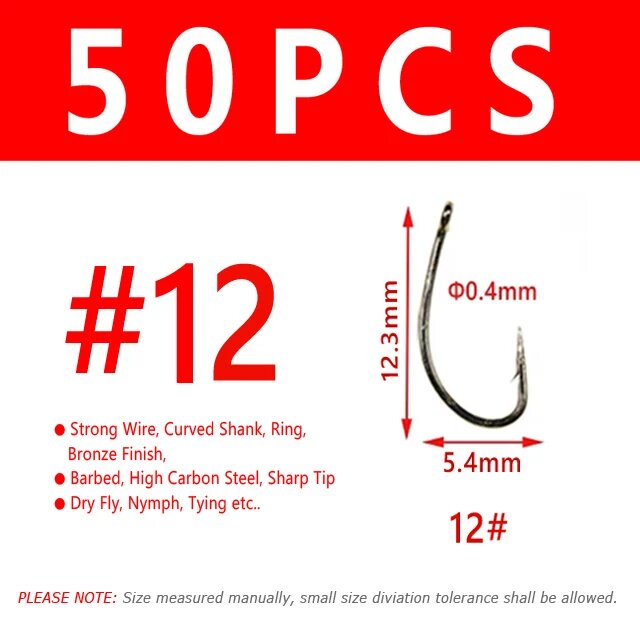 Bimoo сухие крючки для нахлыста 50/100/200 шт, #12-#22 Красный, 50PCS Size 12