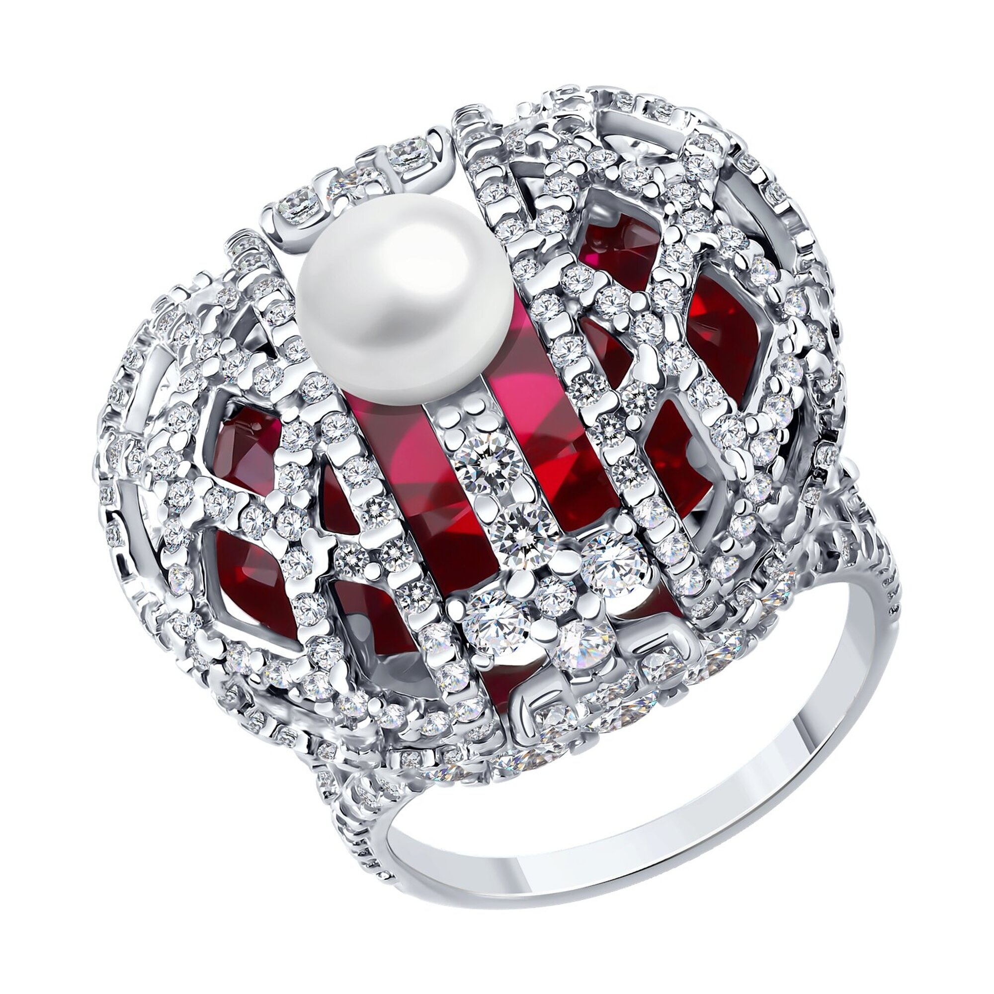 Кольцо, серебро, 925 проба, родирование, корунд, фианит, жемчуг