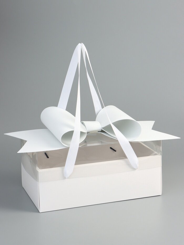 Коробка подарчная с бантом, ручками и прозрачной крышкой 35×21×15 см Белая