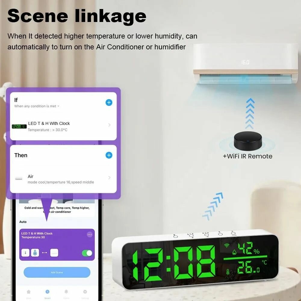 Цифровые часы WiFi с датчиком температуры и влажности, приложением, умным будильником,