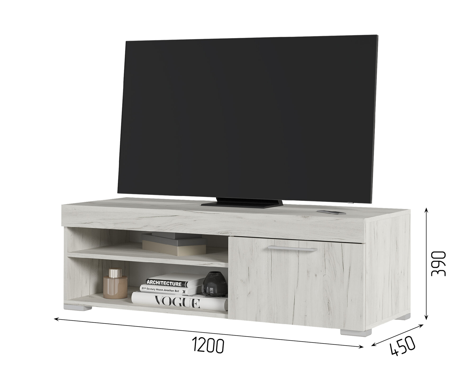 Тумба под ТВ Гранд (1,202 х0,391х0,449), цвет Дуб крафт белый Стендмебель