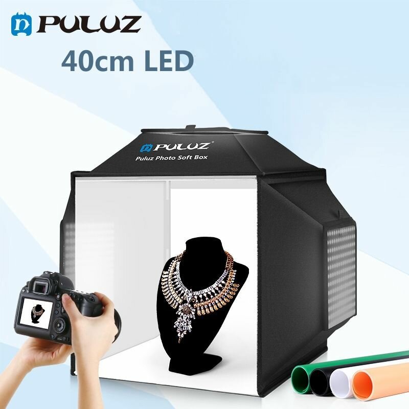 Маленькая студия Фотобокс PULUZ 40x40x40 см с регулируемой подсветкой 3D ( c 3 сторон), 4 цвета фона в комплекте