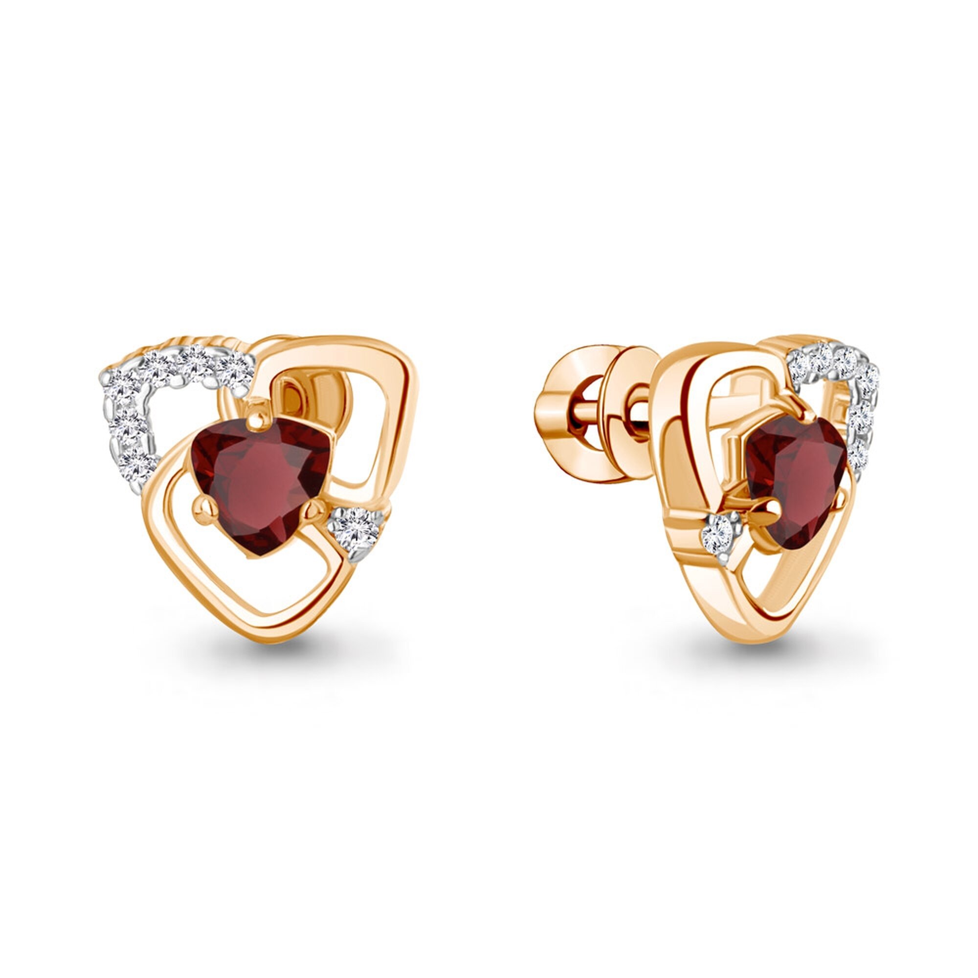 Серьги пусеты, серебро, 925 проба, золочение, фианит, гранат