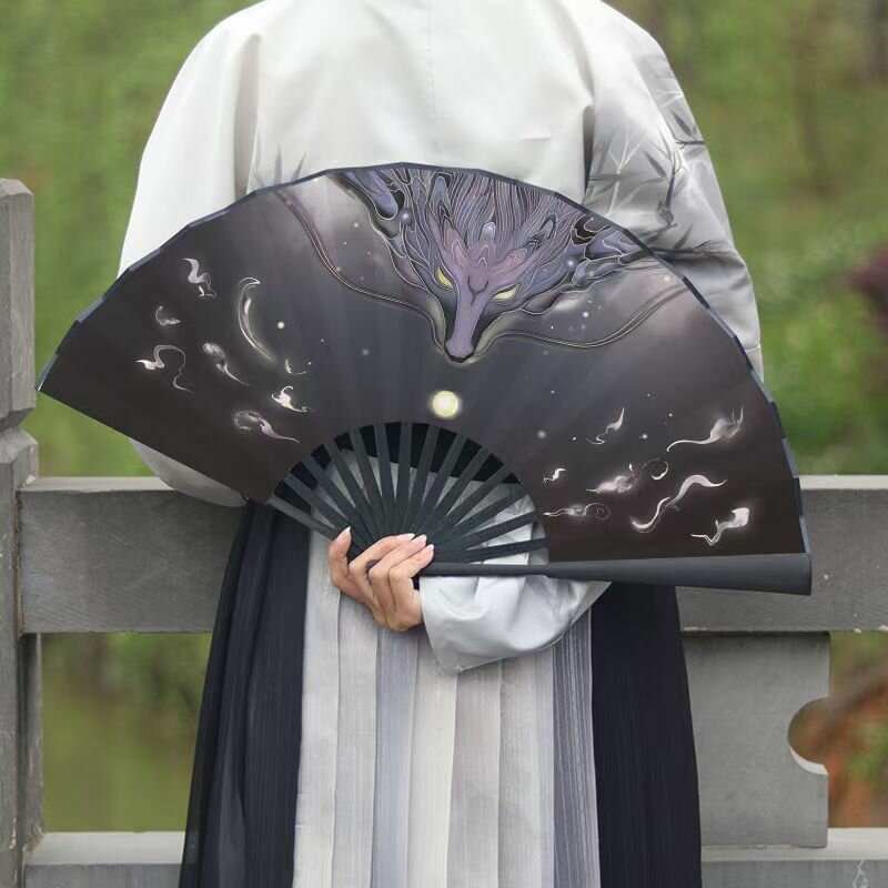 Складной веер с изображением китайского дракона, шелковая ткань, двусторонняя печать, большой размер