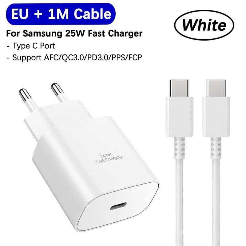 Samsung 25W Super Fast PD Зарядное устройство Usb Type C Cargador Адаптер для White-EU With Cable
