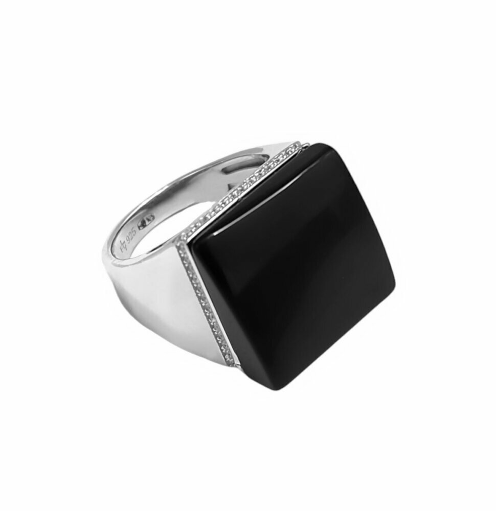 Перстень, серебро, 925 проба, родирование, оникс, циркон