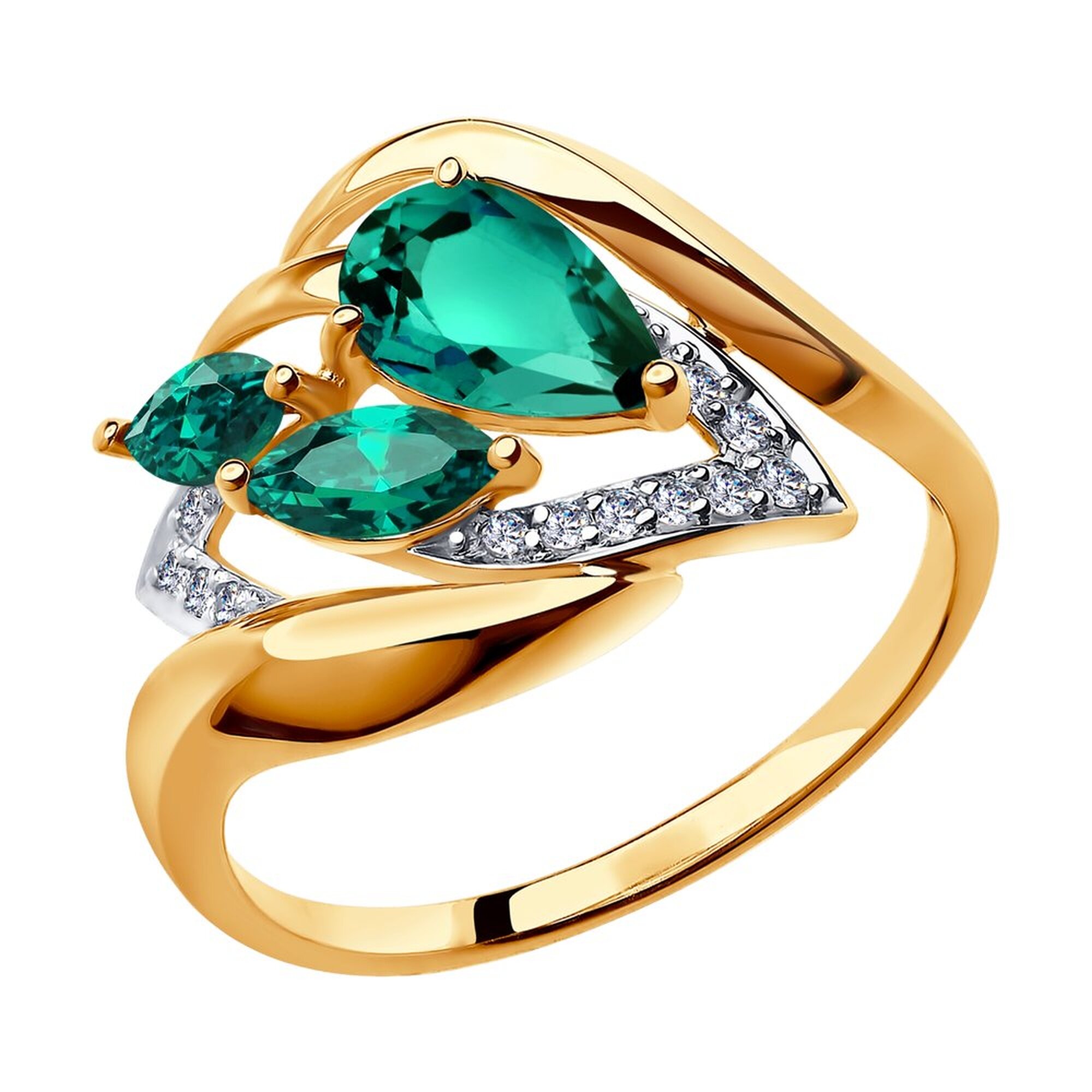 Кольцо, красное золото, 585 проба, изумруд синтетический