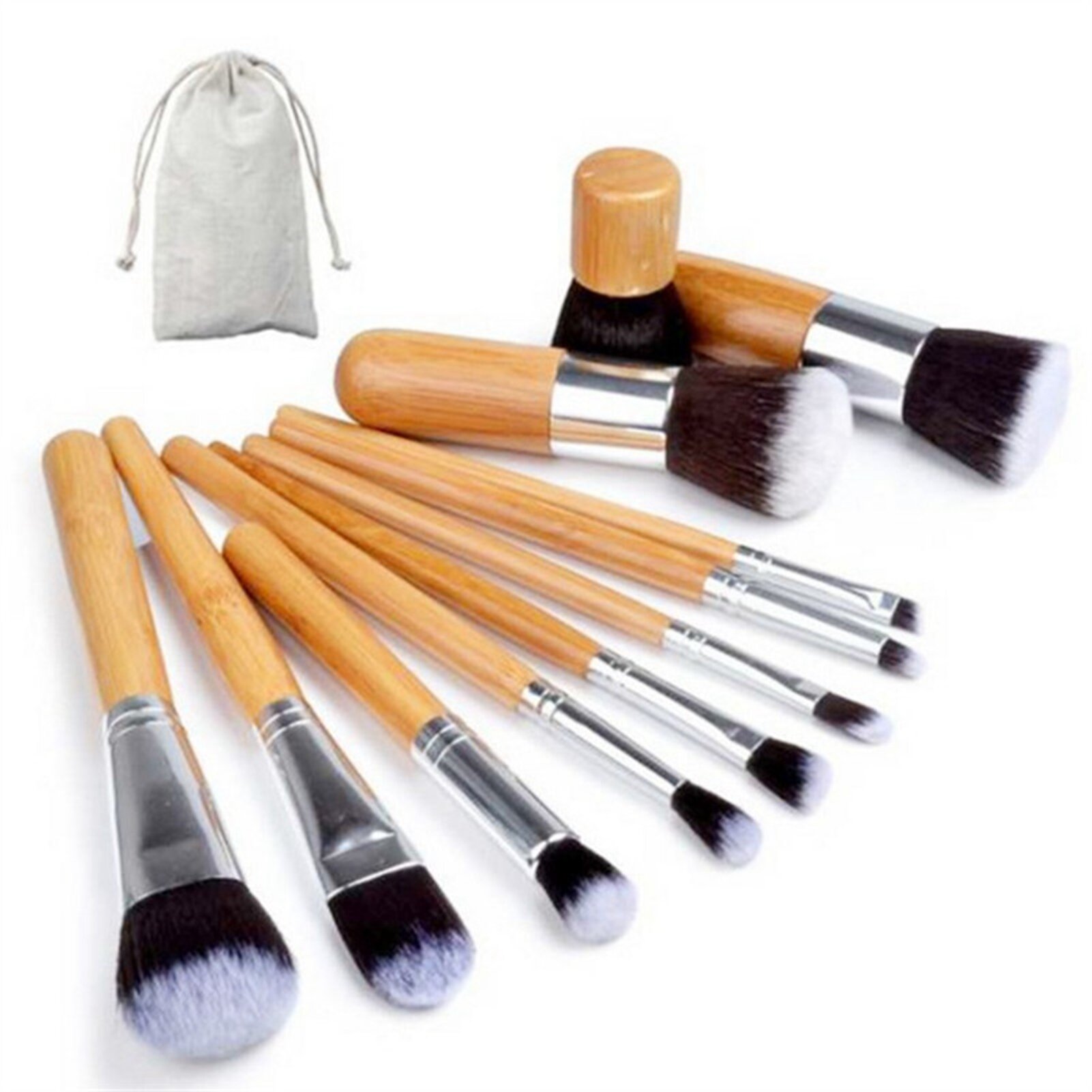 11pcs Makeup Brushes Bamboo Handle Aluminum Tube Nylon Wool Portable Storage Bag Professional Cosmetic