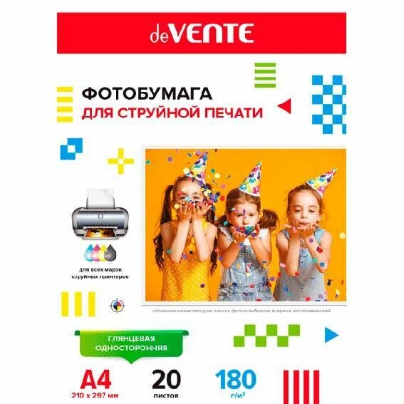 Фотобумага deVENTE формат А4, плотность 180 г/м2, глянцевая, 20 листов в упаковке (2042900)