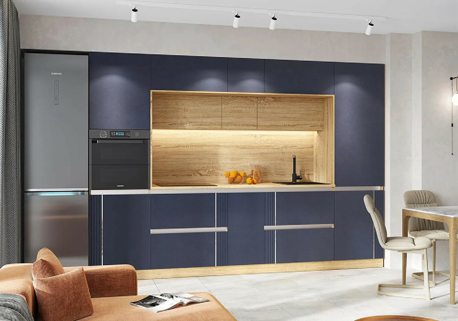 Кухня прямая с пеналом Карина МДФ 3,2м пластер индиго 3200х600х2268мм