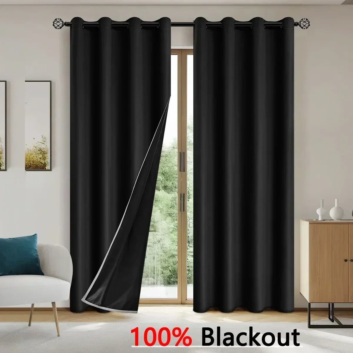 Звукоизолирующие шторы из полиэстера для спальни 1PC-W100x H200cm, Black