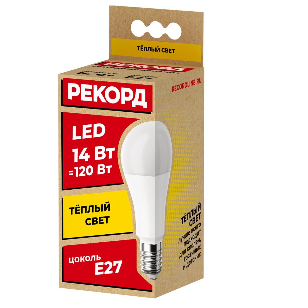 Рекорд LED А60 14Вт Е27 лампа светодиодная 3000K теплый свет для дома без мерцания