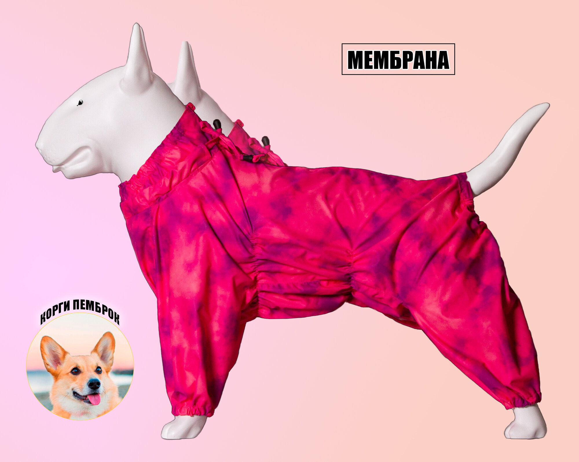 Комбинезон-дождевик для ВЕЛЬШ-КОРГИ ПЕМБРОКА кобеля, мембрана, цвет розовый