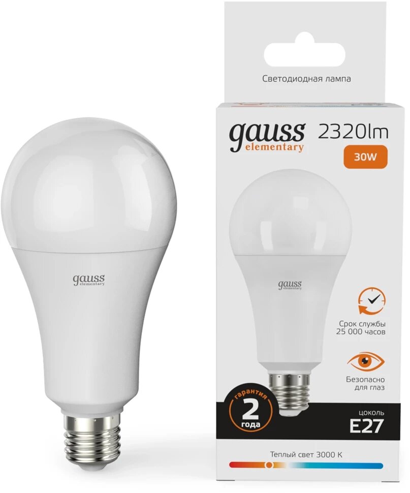 Лампа светодиодная Gauss Elementary A67 30Вт цок: E27 груша 220B св. свеч. бел. теп. А67 (упак:10шт) (73219)