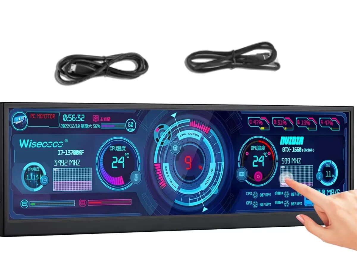 8,8-дюймовый сенсорный длинный широкий монитор HDMI с корпусом, дисплей температуры ПК, сенсорная панель ПК, небольшой монитор-удлинитель Touch Black Metal