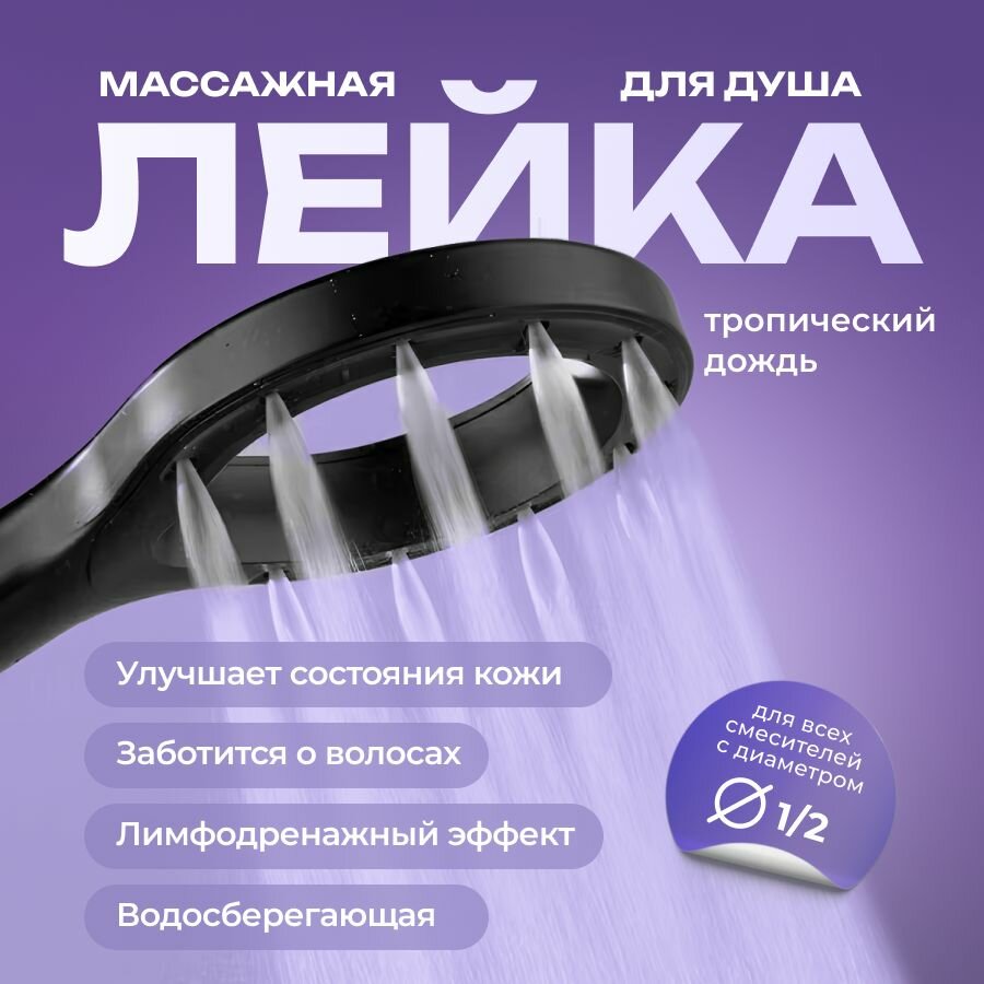 Лейка для душа массажная кольцевая черная, матовая, округлая
