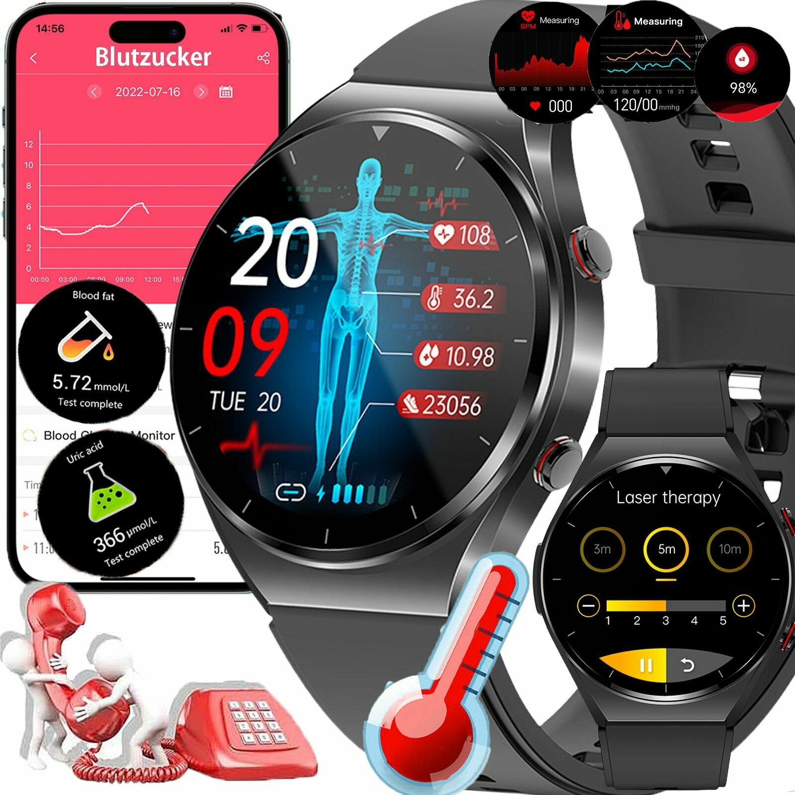 Браслет для диабетика Умные часы с функцией измерения уровня сахара в крови липидов крови, мочевой кислоты сердечного ритма 24 часа, артериального давления, черный