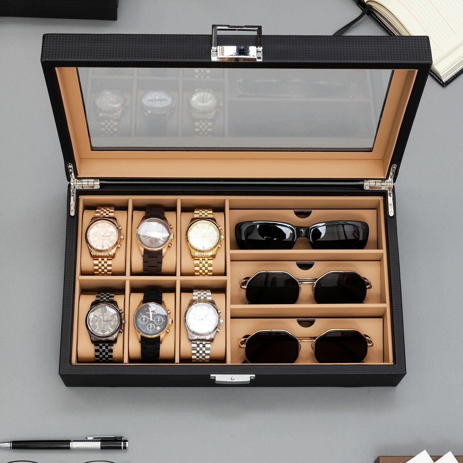 CLOX box / Бокс для часов, очков, украшений, 9 секций для хранения, жесткий корпус