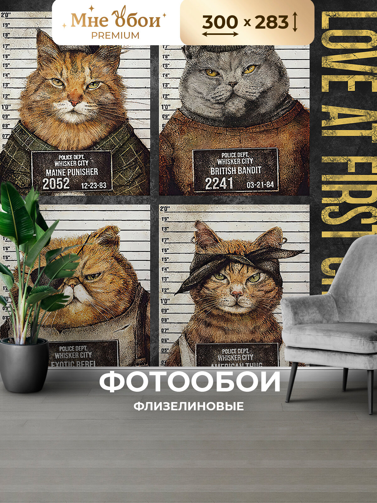 Фотообои на стену флизелиновые 3d для спальни и гостиной, на кухню 300х283 коты, лофт