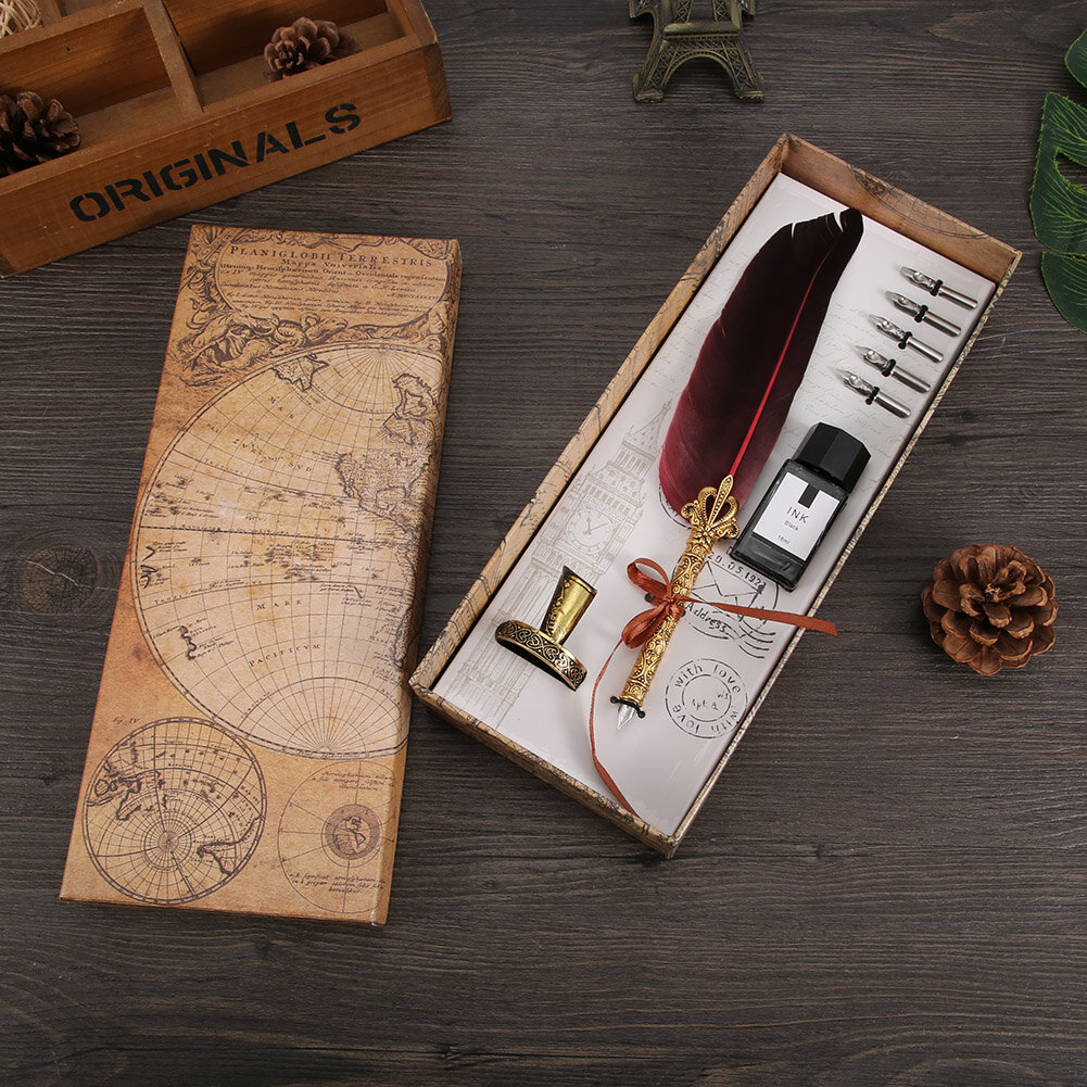 Перьевая ручка для каллиграфии Vintage Retro с стальным писком, набор для письма, подарок (винный красный), 1 шт. перьевая ручка, 18мл чернила, 1 шт. подставка, 5 шт. писков, материал перо + медь + нержавеющая сталь, длина 25см, вес 300г