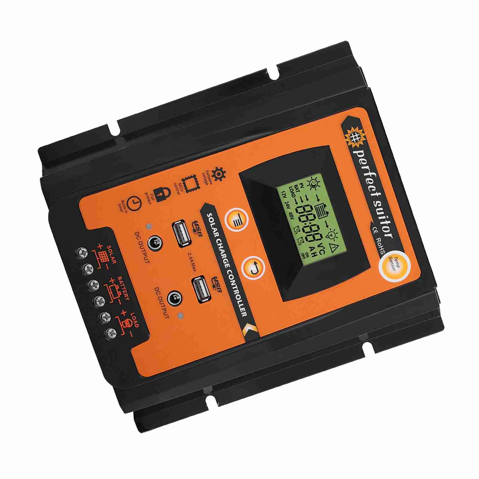 12V/24V 50A PWM&MPPT Short Version Solar Charge Controller Solar Panel Battery Regulator Dual USB LCD Display Black + Orange 17.5 * 14 * 4cm 6.9 * 5.5 * 1.6in 21 * 19.2 * 5.5cm 8.3 * 7.6 * 2.2in 22.8 * 20 * 5.5cm 9 * 7.9 * 2.2in