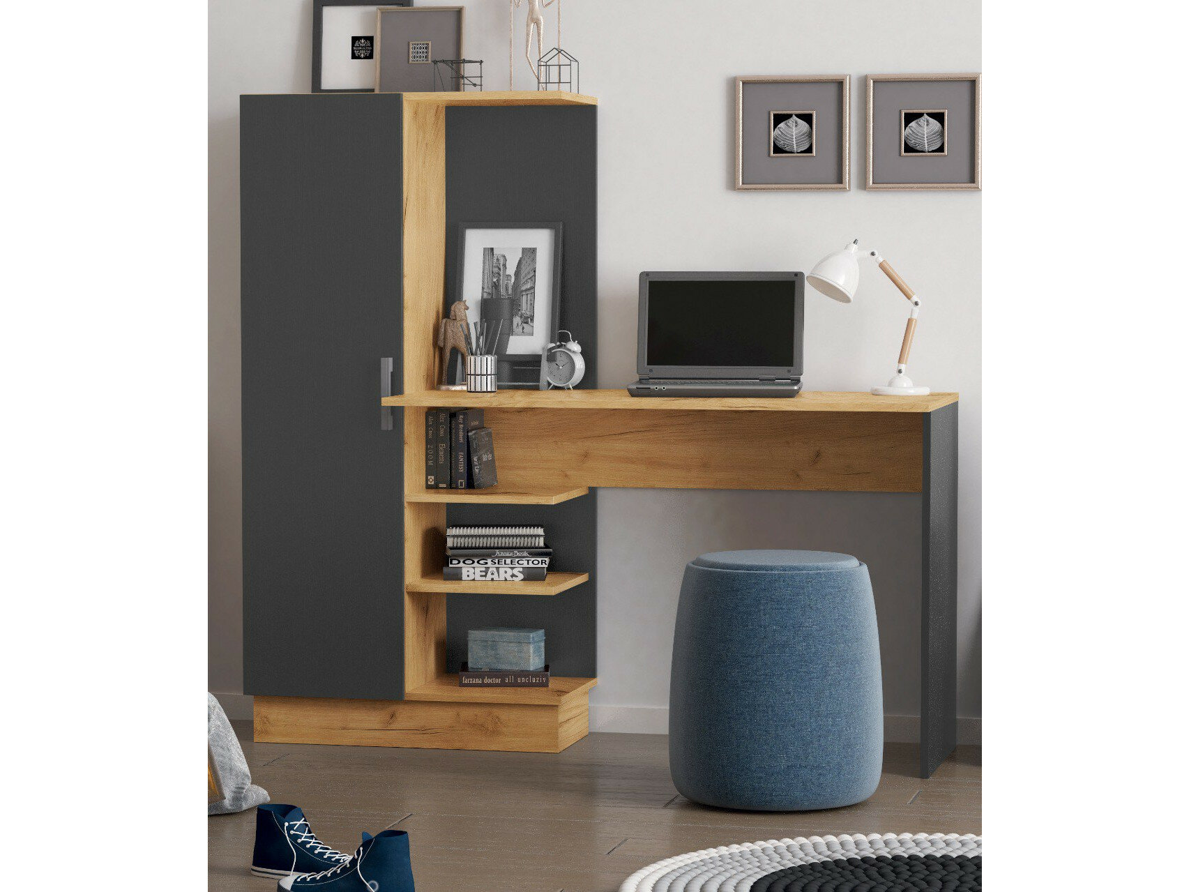 Стол компьютерный, со шкафом-пенал и 3-мя полками, Графит/Дуб крафт