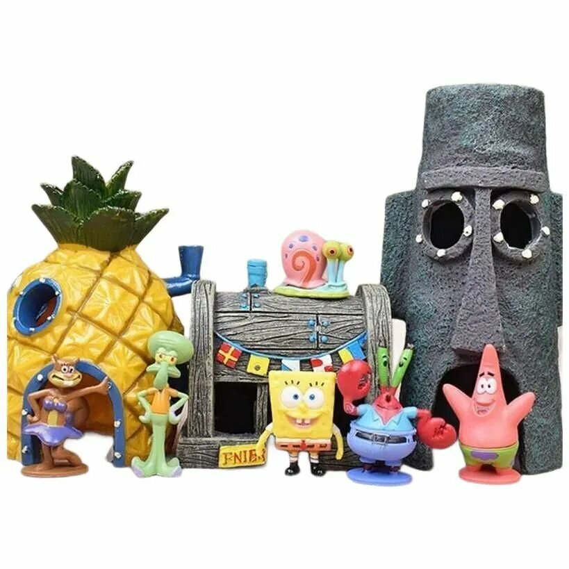 Декорация для аквариума Набор Фигурки SpongeBob 9 шт, домик Губка Боб, Грот Спанч Боба для рыбок