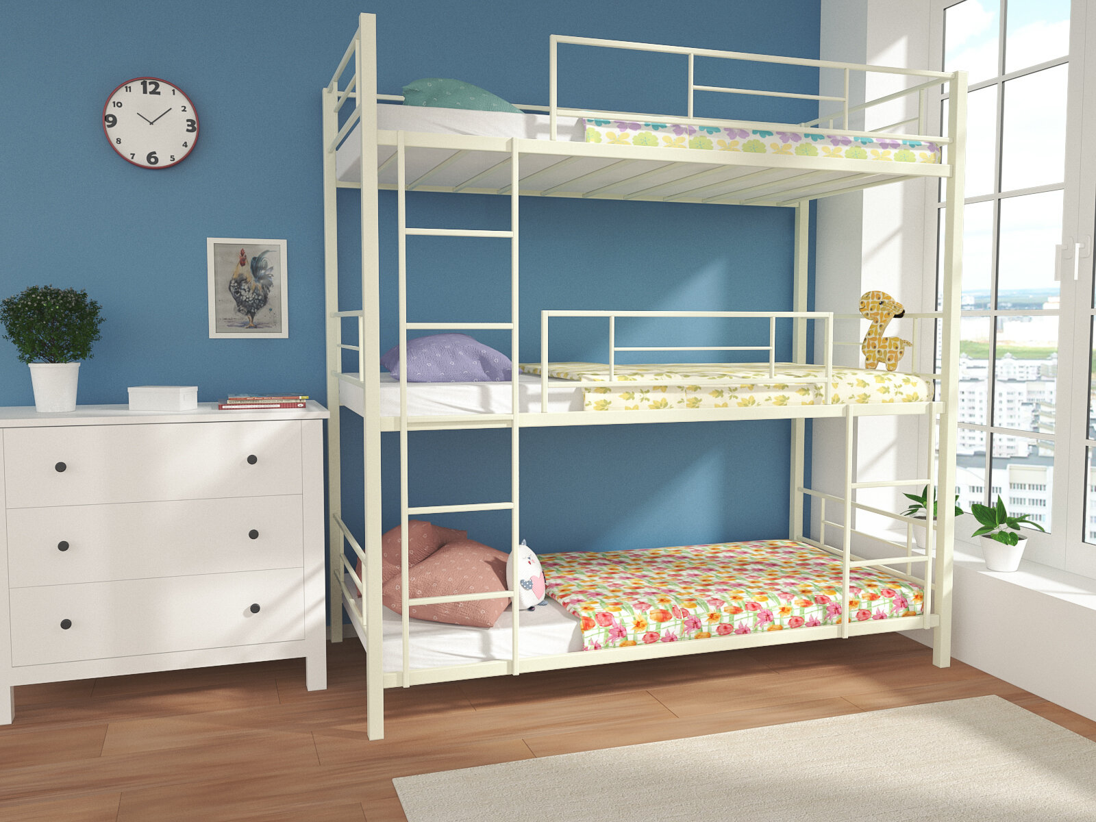 Металлическая Трехъярусная кровать Валенсия цвет Слоновая кость