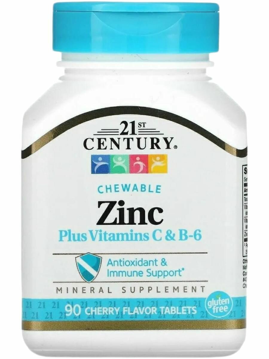 21st Century, цинк с витаминами C и B-6, жевательные таблетки, со вкусом вишни - 90 таблеток