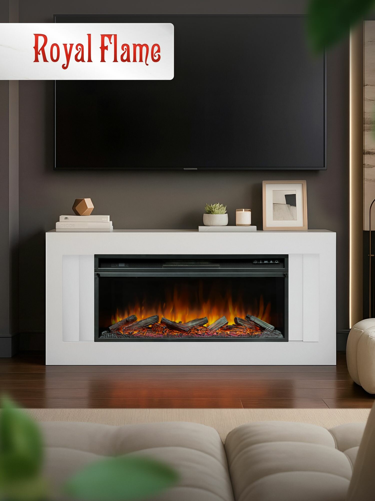 Камин электрический Royal Flame LINE с очагом Vision 42 LOG в белом цвете, очаг с дровами, напольный декоративный электрокамин