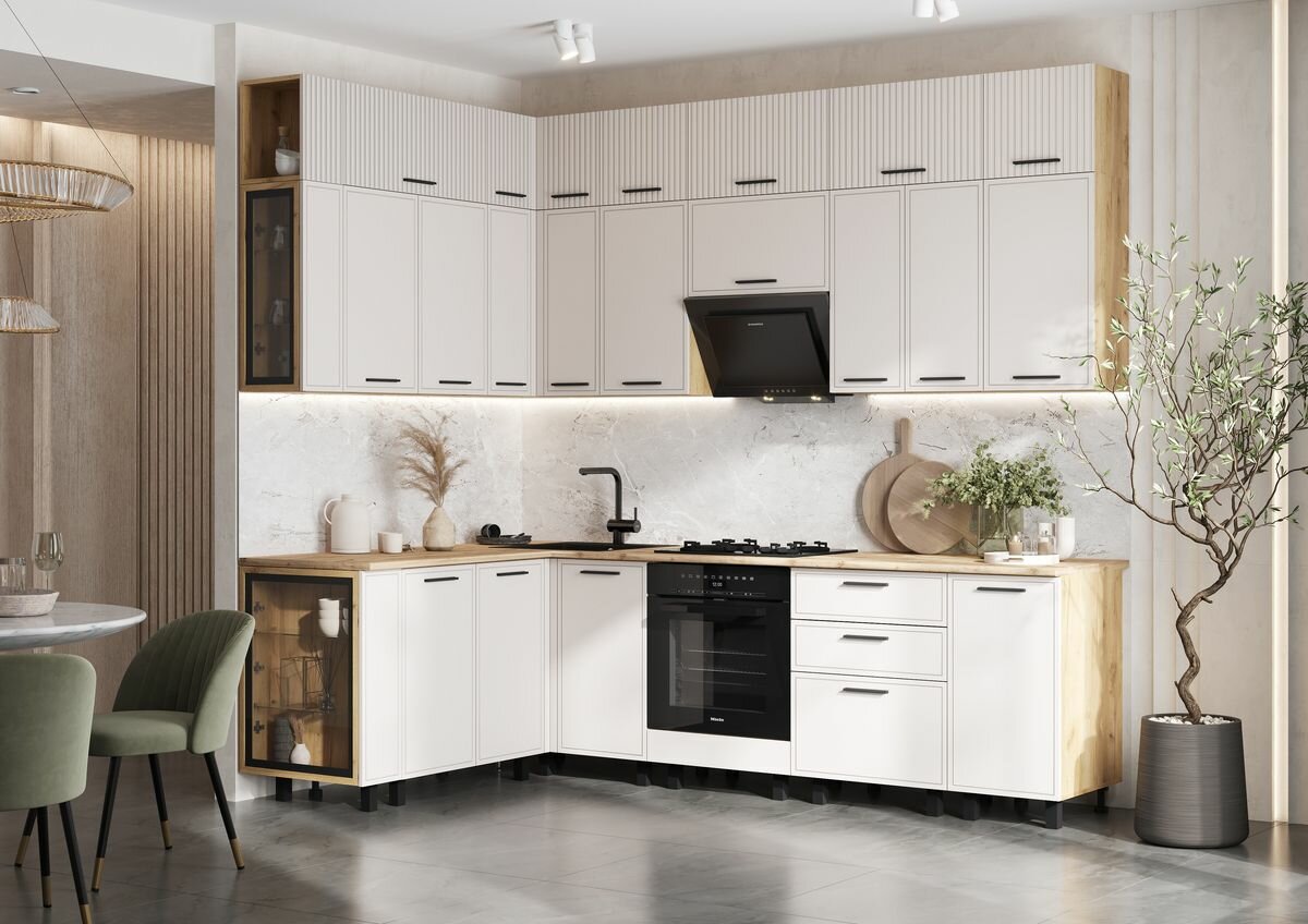 Кухонный гарнитур 1,6х2,6м/1080 Бьянка кашемир/дуб крафт со столешницей, МИФ