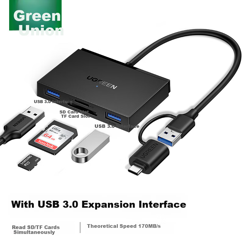 UGREEN USB/Type-C 3.0 Card Reader Dock with SD/TF Dual Card Slots and HUB Port Splitter for Phone/Computer/Apple 16/15/Tablet/Expandable U Disk