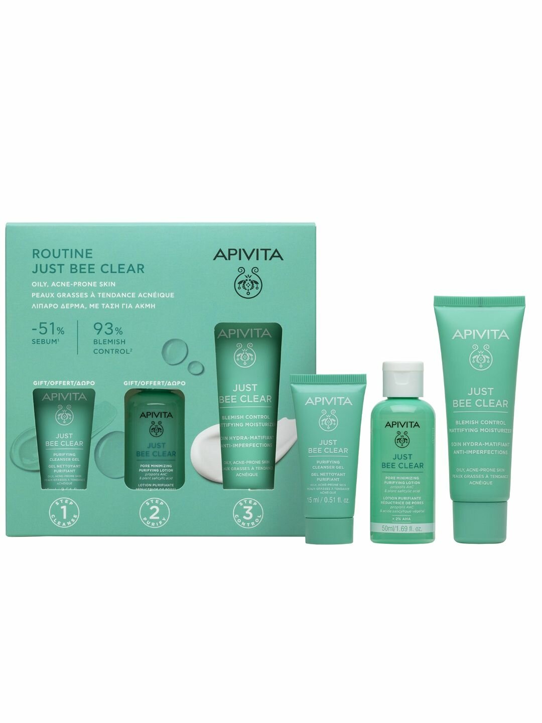 Апивита джаст БИ клиа Матирующий и увлажняющий уход против несовершенств, 40мл + Гель, 15мл + Лосьон, 50мл | APIVITA