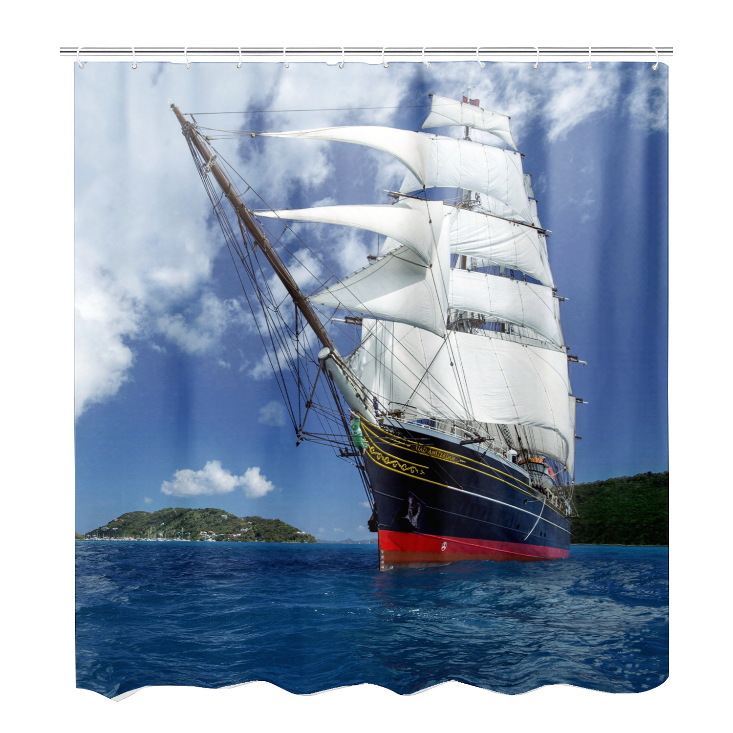 Штора (занавеска) для ванной / душа водоотталкивающая тканевая с кольцами 180 x 180 см Парусник