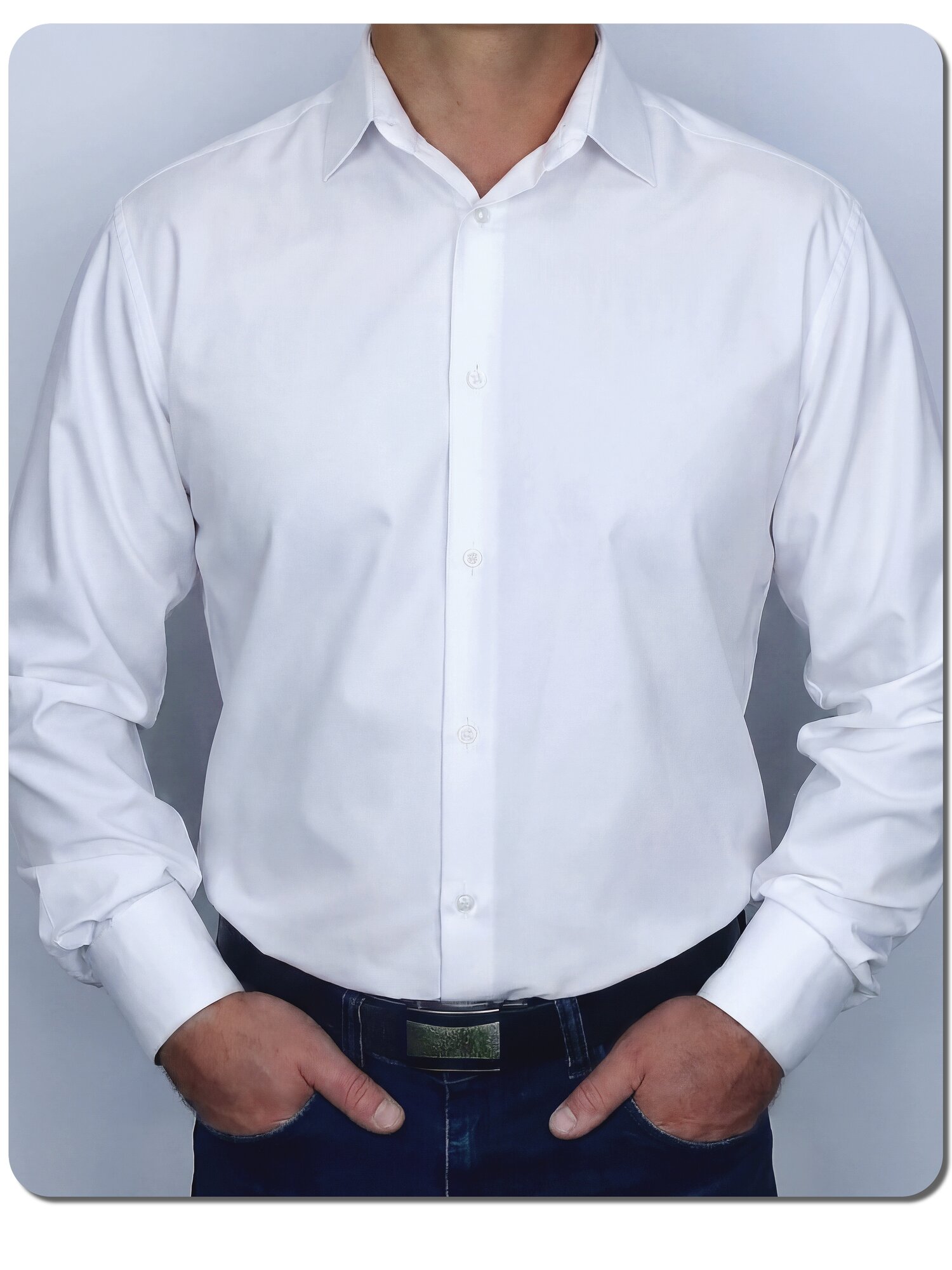 Рубашка приталенная с длинным рукавом мужская рубашка, светлая сорочка на пуговицах, рубаха на любой сезон, белая однотонная, без карманов, на любой сезон и на лето рубашка Slim fit с приталенным кроем заужен