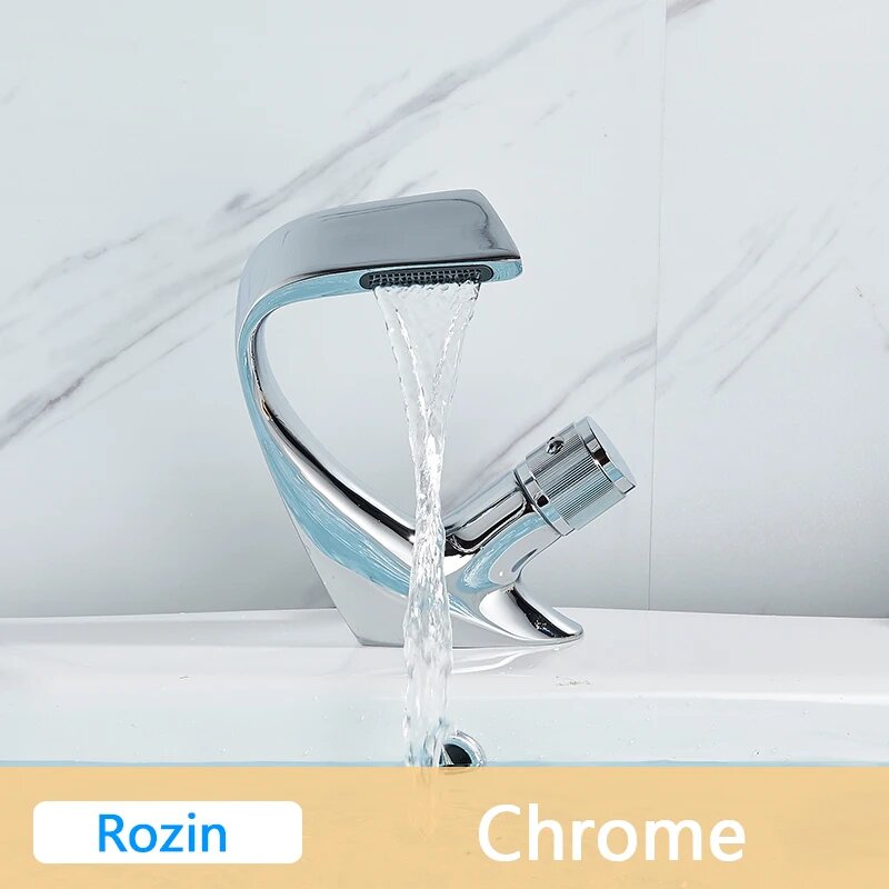 Кран для раковины Rozin Matte Black с водопадом Современный латунный сантехнический кран для ванной комнаты монтируемый на раковину Простой дизайн Кран смеситель холодной и горячей воды-Хром A