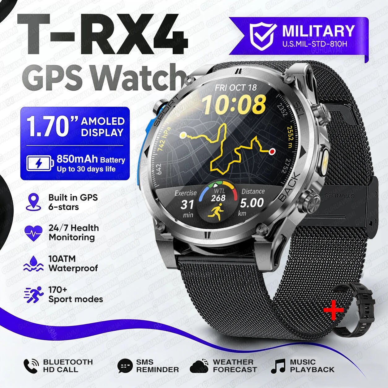 T-RX4 Ultra GPS умные часы для мужчин Black Mesh Belt